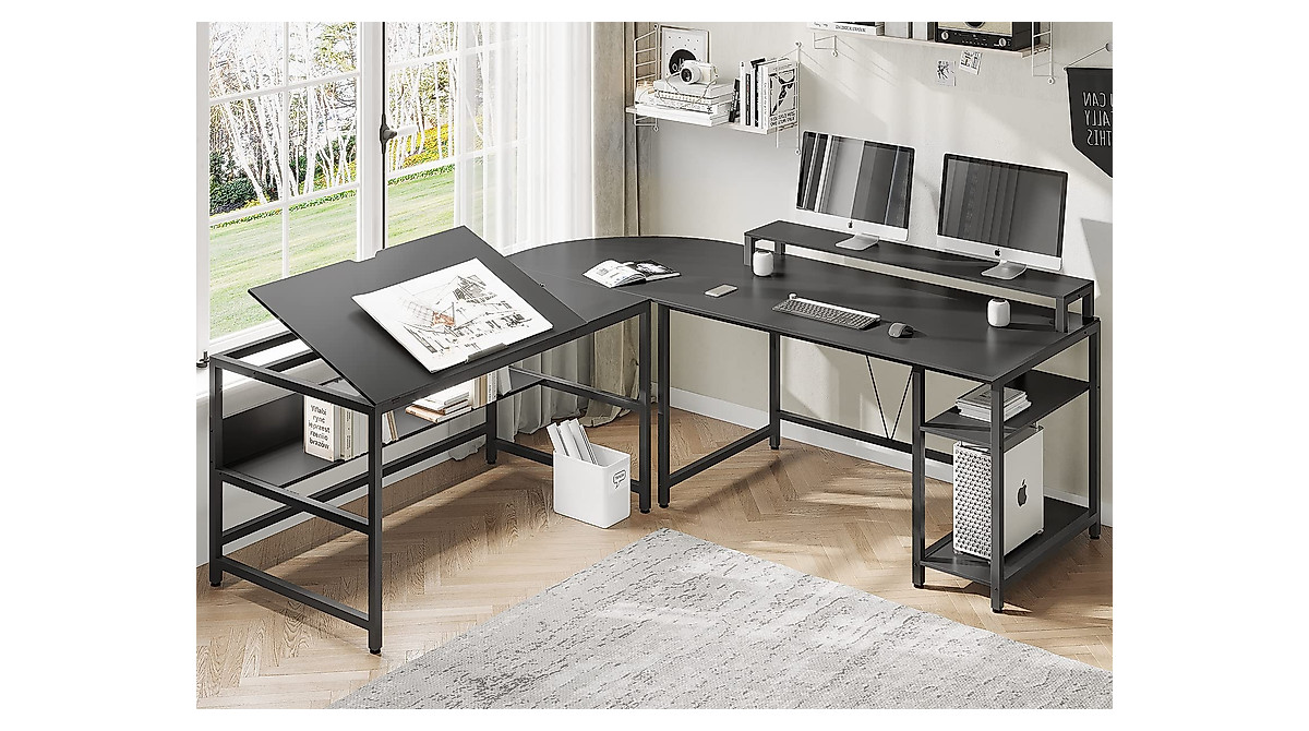 SEDETA L Shaped Computer Desk with Hutch, Drafting Drawing Table for ...