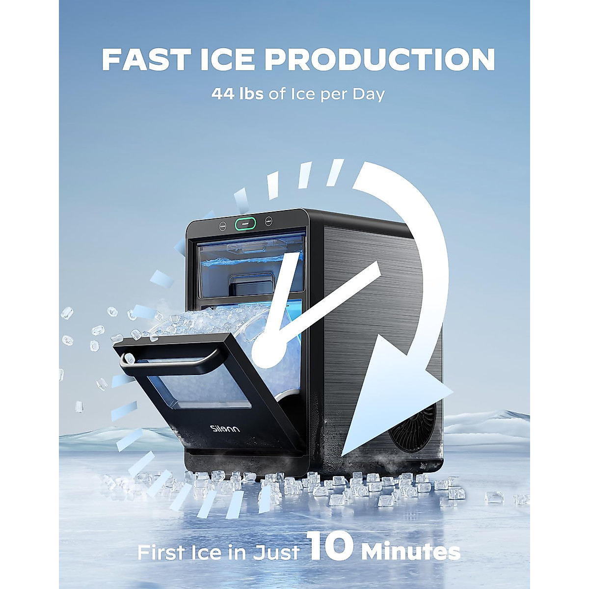 Nugget Ice Maker Countertop - Silonn Pebble Ice Maker Machine Crushed Ice, Pellet Ice 44 lbs per Day, Pull-Out Water Tank and Removable Ice Basket for Home, Kitchen, Stainless Steel