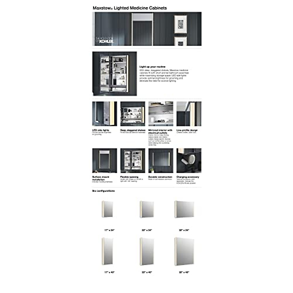 KOHLER K-81145-SLE-DA1 Maxstow Medicine Cabinet with LED Light, Mirror Door & Staggered Shelves, Rectangular Frame, 22" x 24"