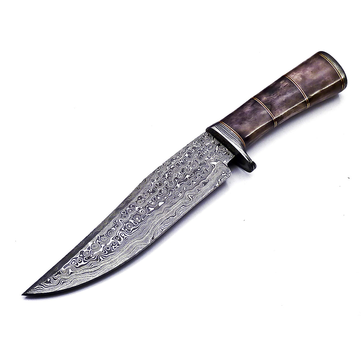 Nooraki BK-30 Handmade Damascus Steel Fixed Blade Bowie Knife with Leather Sheath, Multipurpose Knife with Camel Bone Brass Spicer Handle for Everyday Carry, Camping, Hunting, 12.5" Length