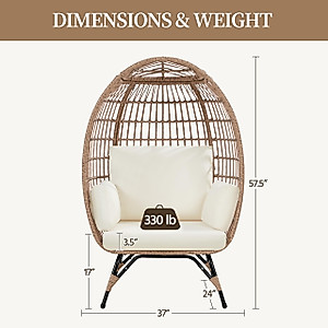 Yaheetech Egg Rattan Chair, Indoor/Outdoor PE Rattan Egg Basket Lounge Chair w/ 4 Cushions, Oversized Egg-Shaped Chair w/Metal Frame Stand for Patio, Backyard, Living Room - Light Brown/Ivory