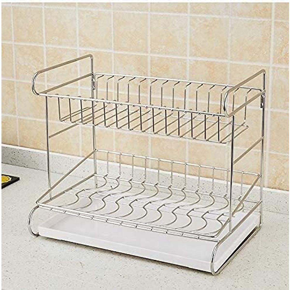Plate Rack Draining Dish Rack 2 Tier Dish rack 304 Stainless Steel Dish Drainer Rack Holder Dish Drying Rack with Removable Draining Pan Plate Holder
