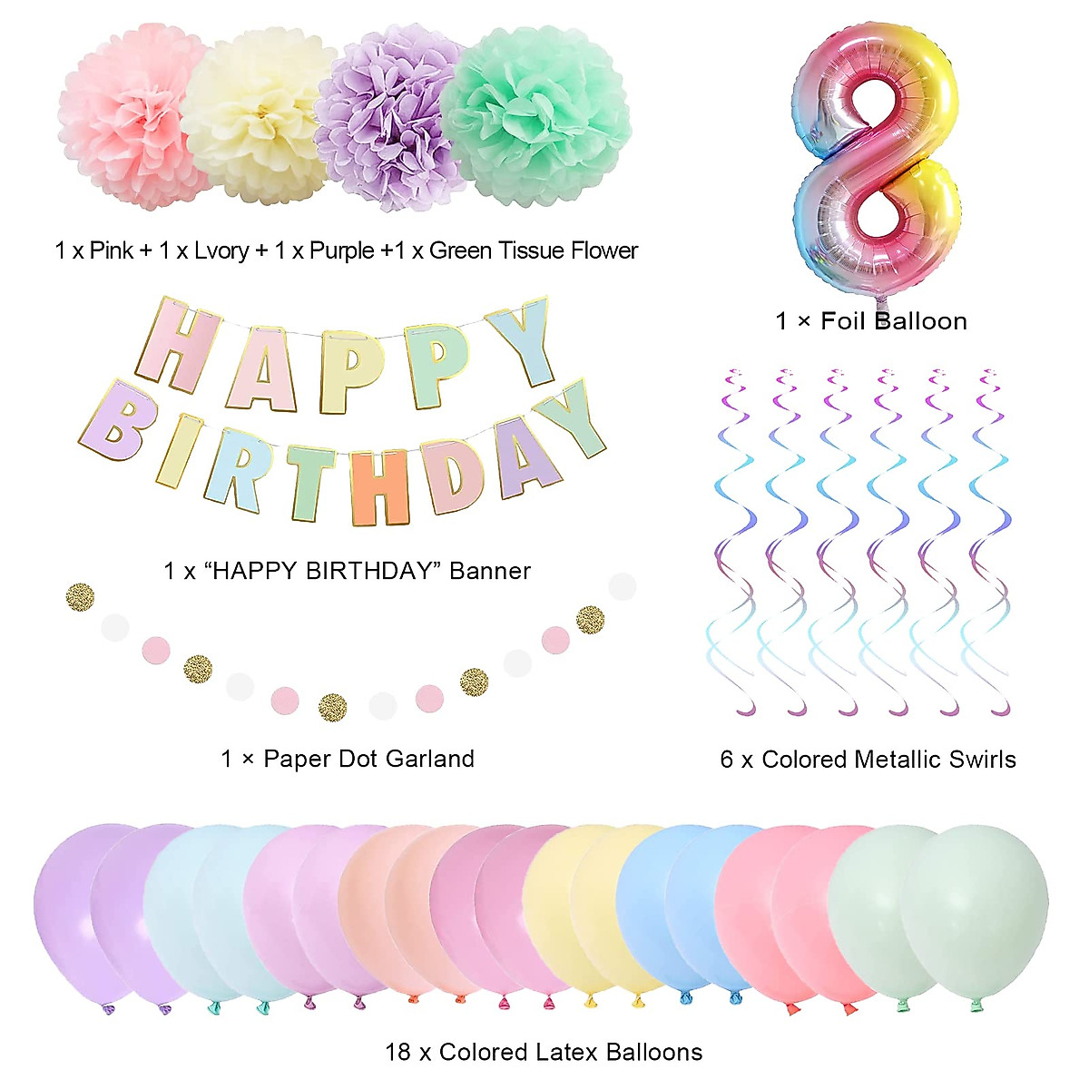 BRT Bearingshui 8th Birthday Decorations for Girls boys, 40 Inch Rainbow Gradient Number 8 Balloon, 8th Birthday Balloon, Happy Birthday Banner, Children’s 8th Birthday Party Supplies for Kids