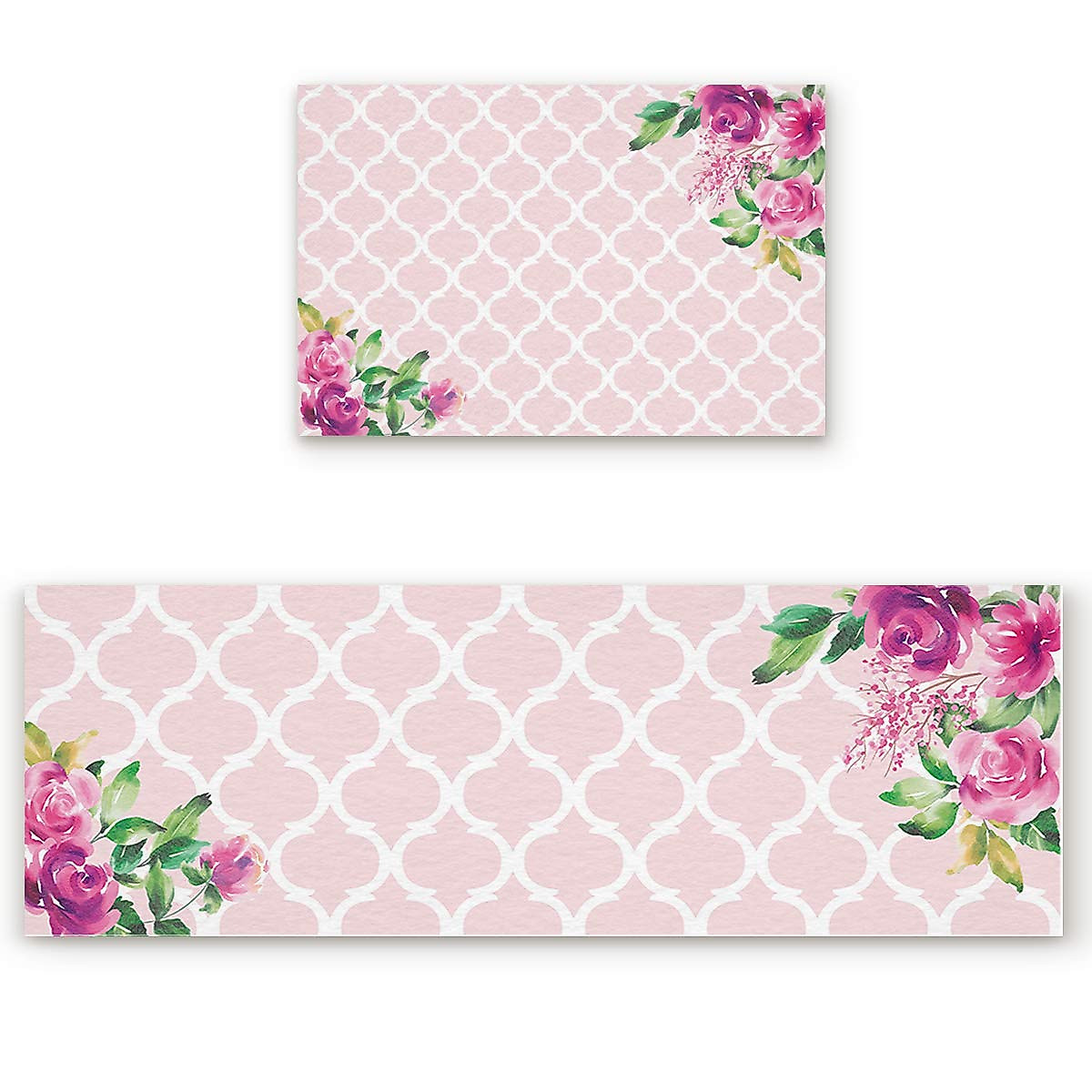 Kitchen Rug Sets 2 Piece Pink Morocco Pattern Non Slip Anti Fatigue Floor Mats Blooming Flowers Spring Comfort Soft Absorb Cushioned Standing Doormat Runner Rugs (15.7x23.6+15.7x47.2 inch)