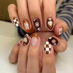 24 Pcs Brown Press on Nails Almond Fake Nails Medium False Nails with Heart Happy Face Flower Designs French Tip Glue on Nails Full Cover Acrylic Nails Cute Stick on Nails for Women Girls