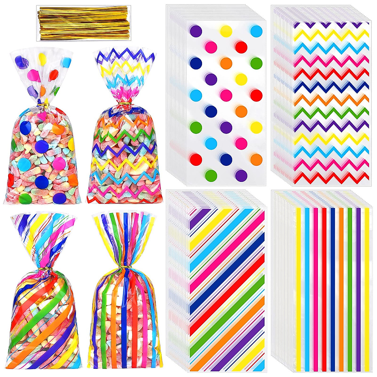Aodaer 100 Pieces Rainbow Cellophane Bags Plastic Candy Gift Bags Cellophane Treat Bags with Twist Ties Stripes Polka Dot Printed Pattern Goodie Bags for Birthday Weddings Party Favors