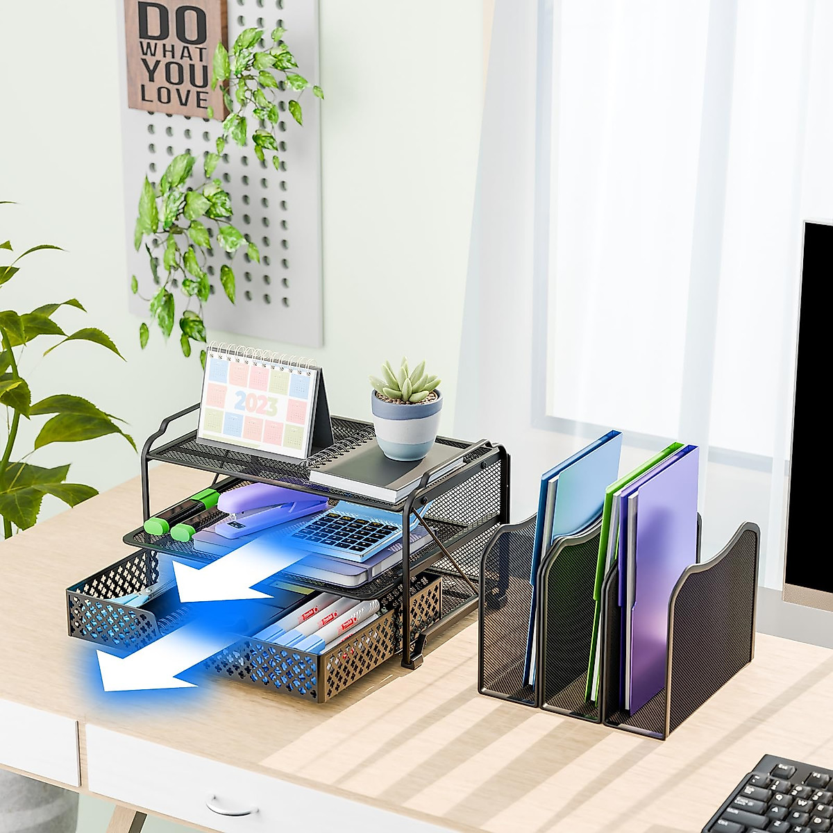 Simple Trending-Mesh Desk Organizer with Sliding Drawer, Double Tray with 5 Sections File Bookshelf, Black