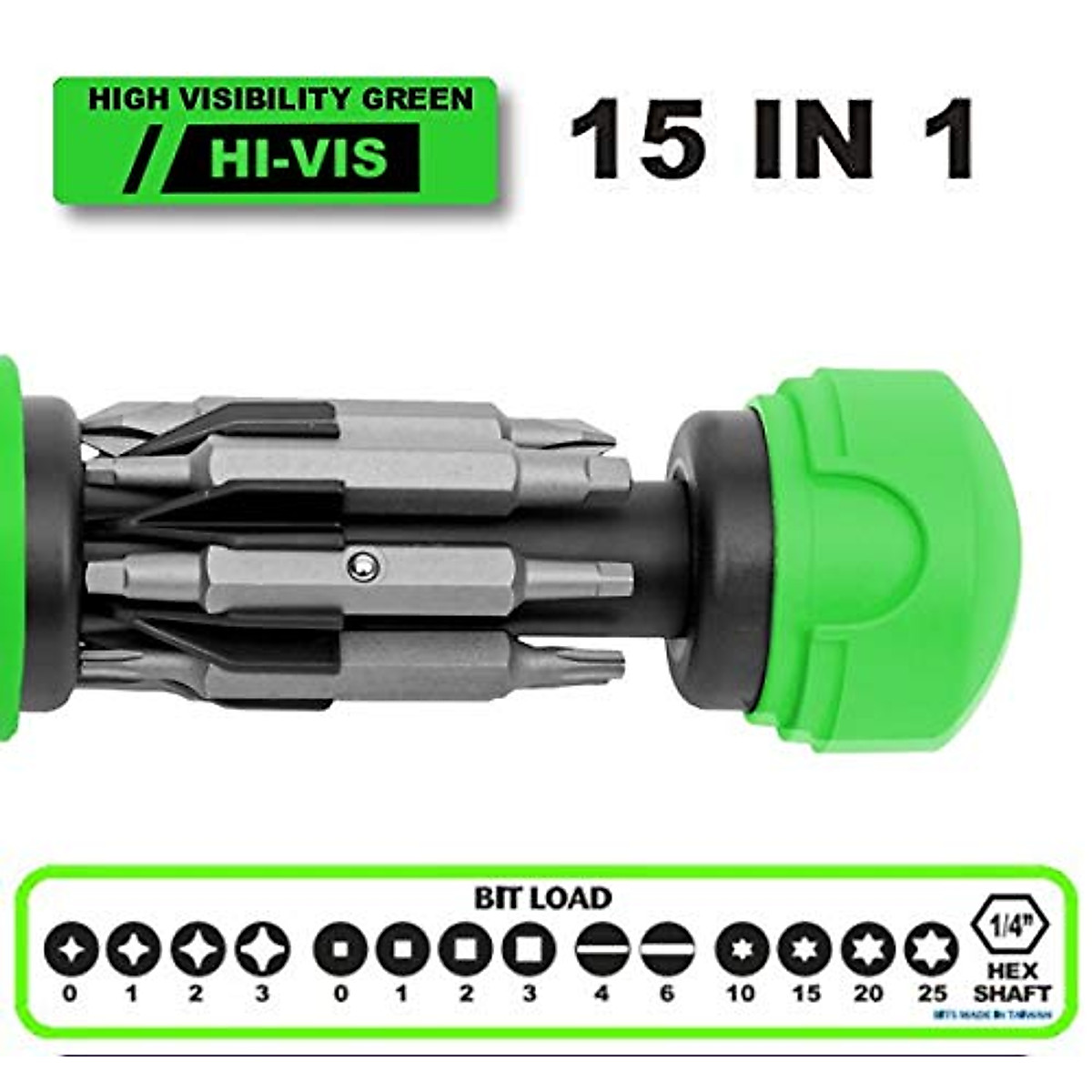Megapro Hi Vis Original Multi Bit Screwdriver 15 in 1 High Visibility Green USA 151HVG