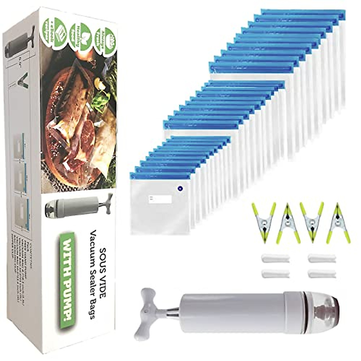 Sous Vide Bags 30 Pack Reusable Vacuum Food Storage Bags for Anova, Joule Cookers - 3 Sizes Vacuum Food Bags, 1 Hand Pump, 4 Sealing Clips and 4 Clamps for Food Storage and Sous Vide Cooking