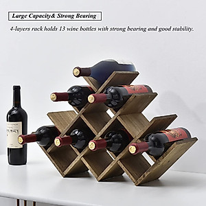 KIRIGEN 13-Bottle Wine Rack - 4-Tier Nature Wood Wine Display Rack/Standing and Countertop Wine Storage Shelf - Bottle Holder/Cabinet Glass Rack 4-Layer Dark Brown XHJJ4-DBR