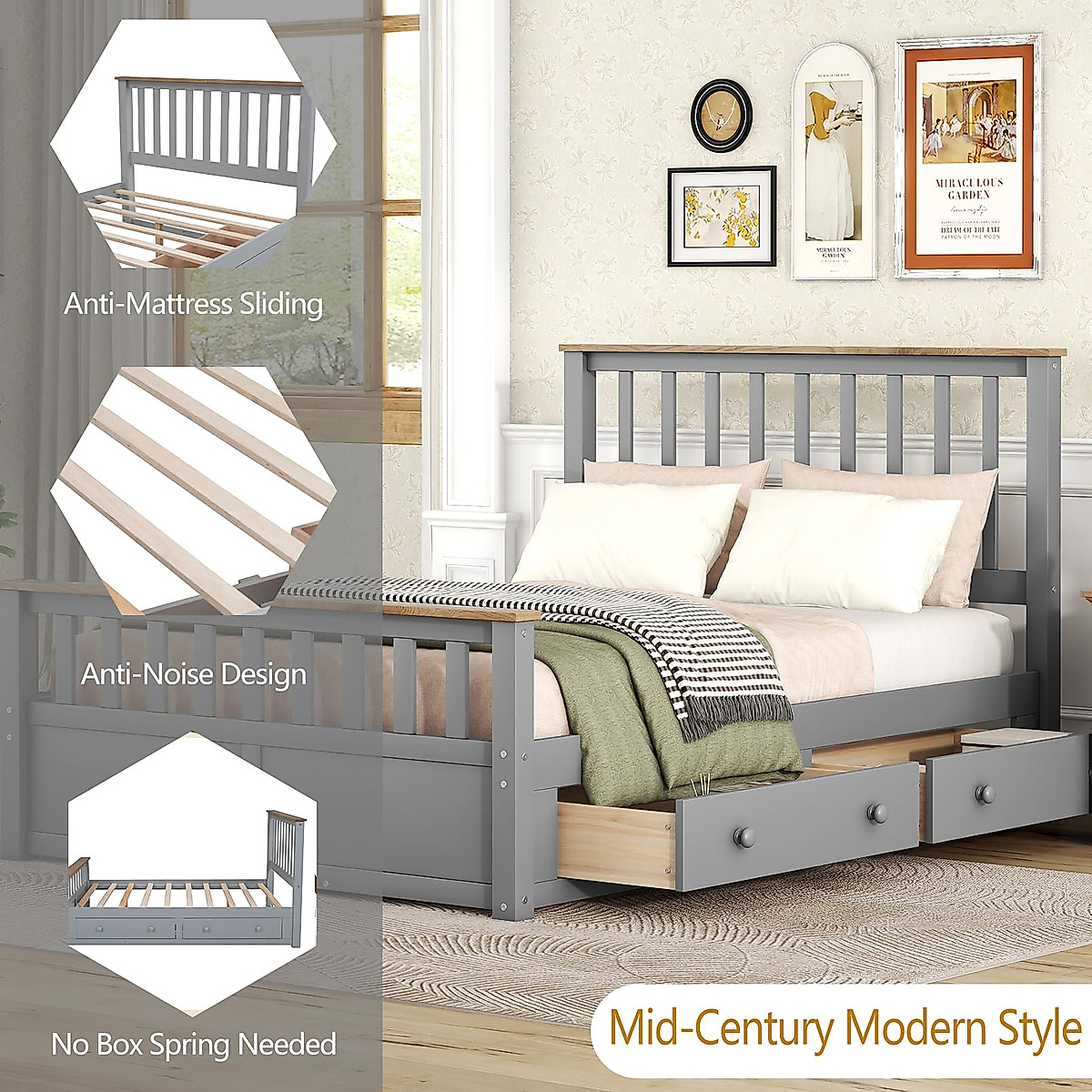 Queen Size Country Style Wooden Platform Bed Frames with 2 Storage Drawers, Modern Platform Bed with Headboard/Footboard, Noise-Free for Bedroom Boys Girls Adults Teens, Solid Wood Slat Support(Gray)