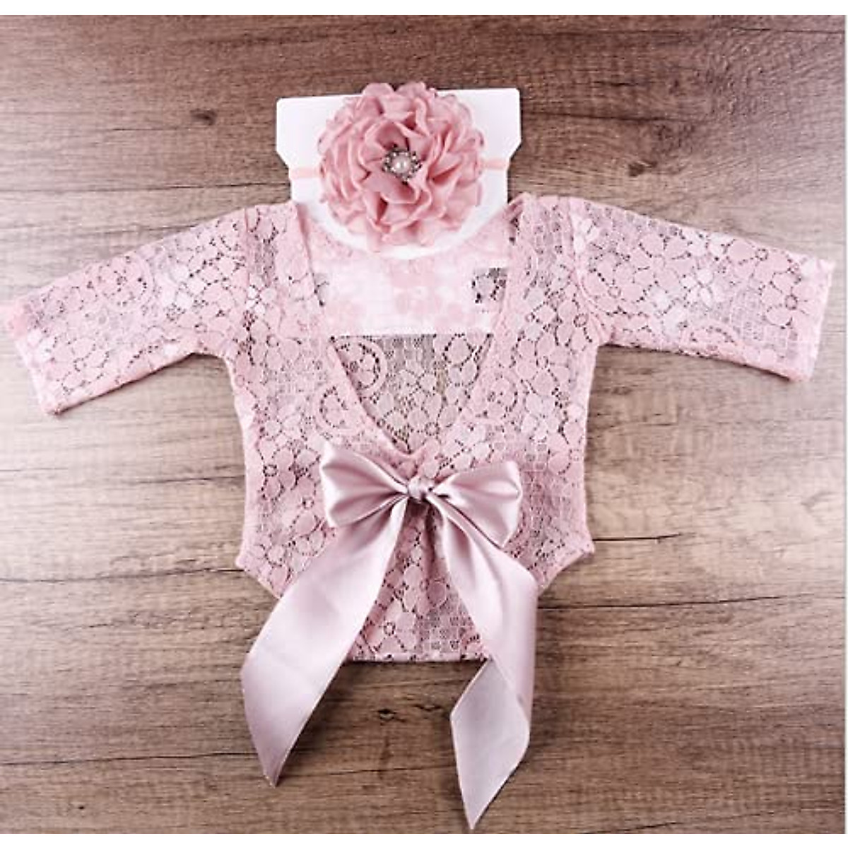 Baby Photography Props Outfit Lace Rompers Newborn Girl Photo Shoot Outfits Flower Headband Princess Costume (Snow bud color)