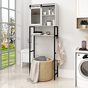 AZODY Over The Toilet Storage Cabinet with Sliding Door,Over Toilet Bathroom Storage Organizer with Adjustable Shelf,Toilet Paper Holder and 3 Hanging Hooks,Space Saver Storage Shelf,White