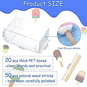 Perthlin 20 Boxes 50 Sticks 3.7 x 2.2 x 1.5 Inches Cakesicle Boxes Clear PET Candy Treat Box Goody Box Wooden Craft Sticks Ice Cream Sticks for Kitchen DIY Baking Wedding Baby Shower Birthday Party
