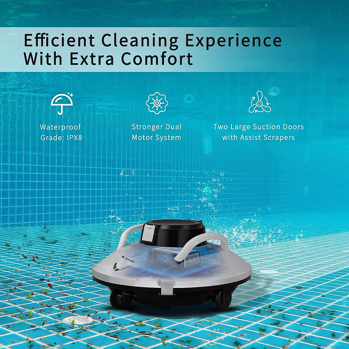 Knocokie Cordless Pool Vacuum Cleaner, Robotic Pool Cleaner, Lasts 120min, Dual-Motor,Smart Navigation and Parking System, LED Indicator, Suitable for Flat Pools Up to 1000 sq. ft 1-year warranty