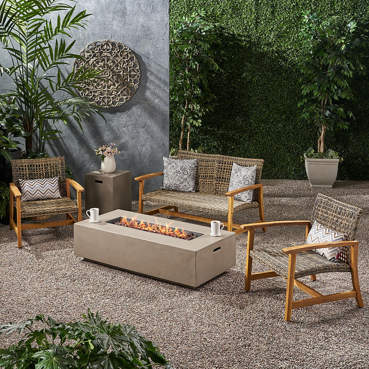 Christopher Knight Home Augusta Outdoor 5 Piece Acacia Wood and Wicker Chat Set with Fire Pit, 52.00 "W x 31 "D x 31.5 "H, Gray + Natural + Light Gray