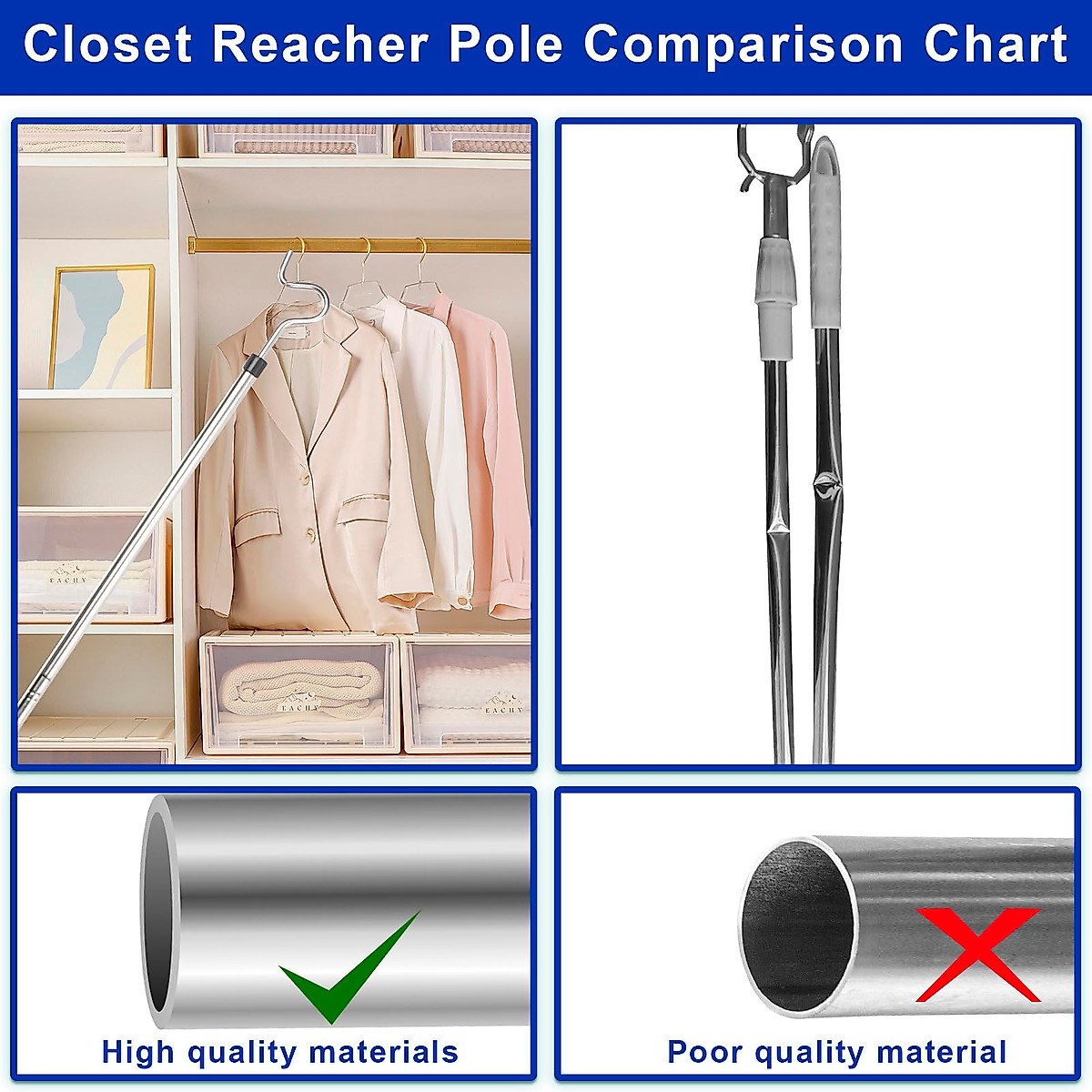 Frebuta Clothes Hook Pole, 51In Closet Reacher Pole Stainless Steel Garment Hook Pole S Hook For Plants Hang Light Rod Soft Sponge Handle Studiness& Durability Lightweight (Yellow Black)