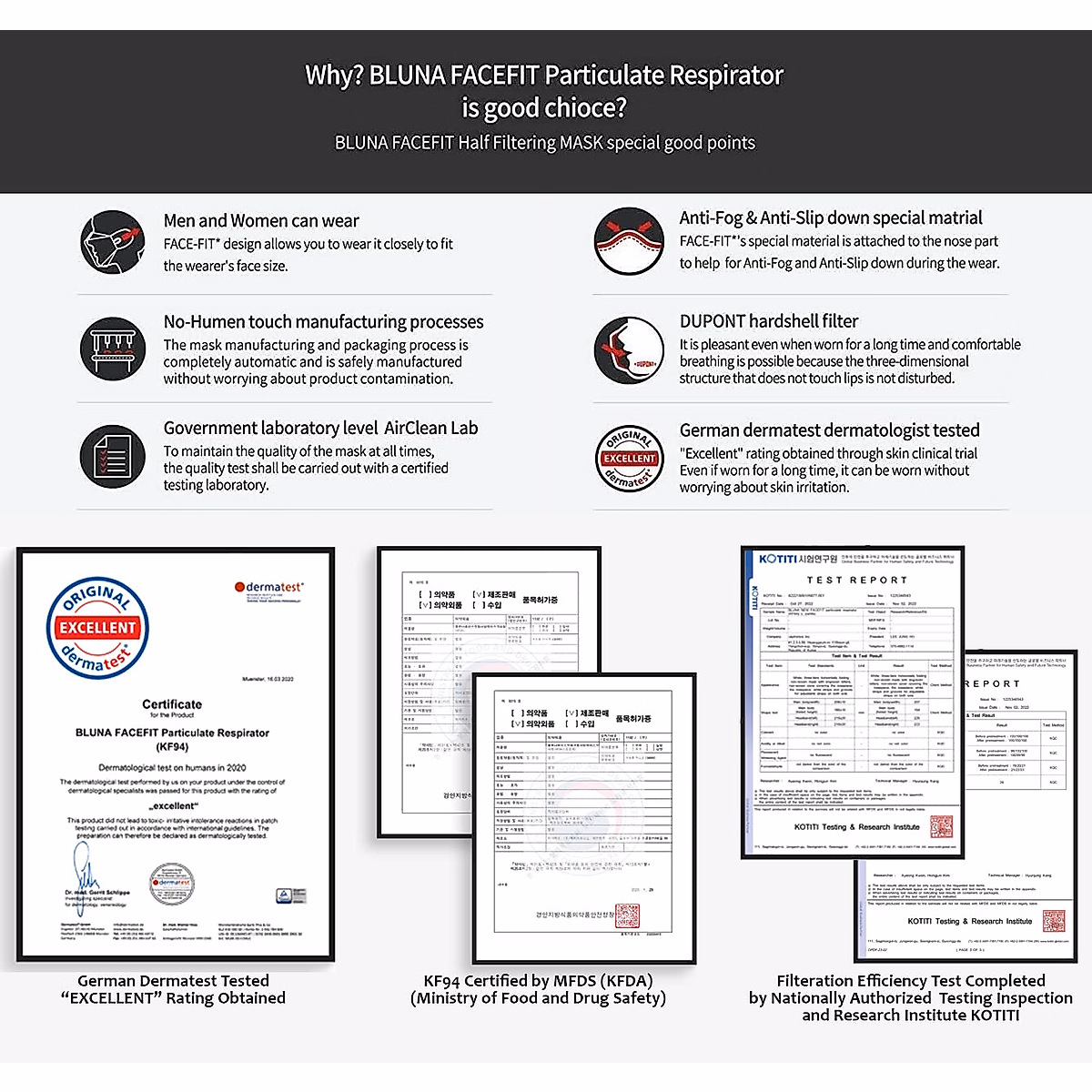 BLUNA FACE FIT [10 Pack :: Authentic [Black] Premium KF94 Certified Mask [Adjustable Ear Loop] [Large][Made in Korea]