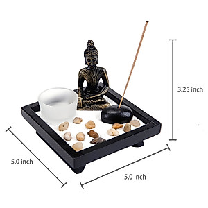 MyGift Mini Meditation Zen Rock Garden Table Decor Kit with Buddha Statue, Incense, Sand, Tealight Candle Holder and Wood Tray