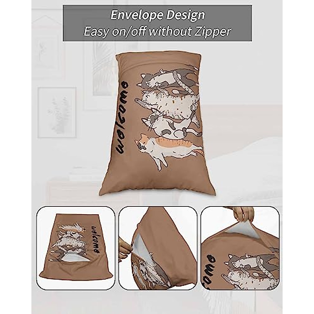 Edwiinsa Cute Cat Pillow Covers King Standard Set of 2 20x36 Bed Pillow, Welcome Farmhouse Animals Brown Plush Soft Comfort for Hair/Skin Cooling Pillowcases with Envelop Closure