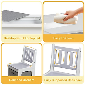 TODEFULL Kids Play Table and 2 Chair Set, 2 in 1 Wooden Activity Table w/Storage, Compatible with Lego and Duplo Bricks, Play Building Block Table Set for Reading, Drawing, Build Blocks, Grey