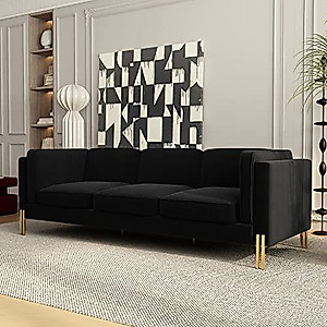 Gooamz Modern Velvet Sofa Couch, 95 Inch Chesterfield Sofa with Removable Cushions and Gold Metal Legs, Large Comfy Tufted Upholstered 3 Seater Couch for Living Room, Office, Hotel, Black