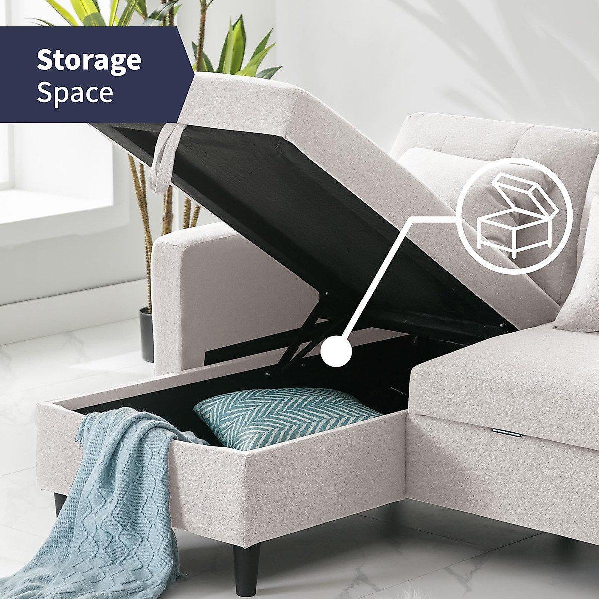 ZAFLY Folding Sofa Bed, Convertible Sectional Sleeper Sofa with Storage Chaise, 91 Inch Pull Out Couch, L-Shape Sofa Couch, Linen Upholstered 2 in 1 Sofa Bed for Living Room Office Apartment - Beige