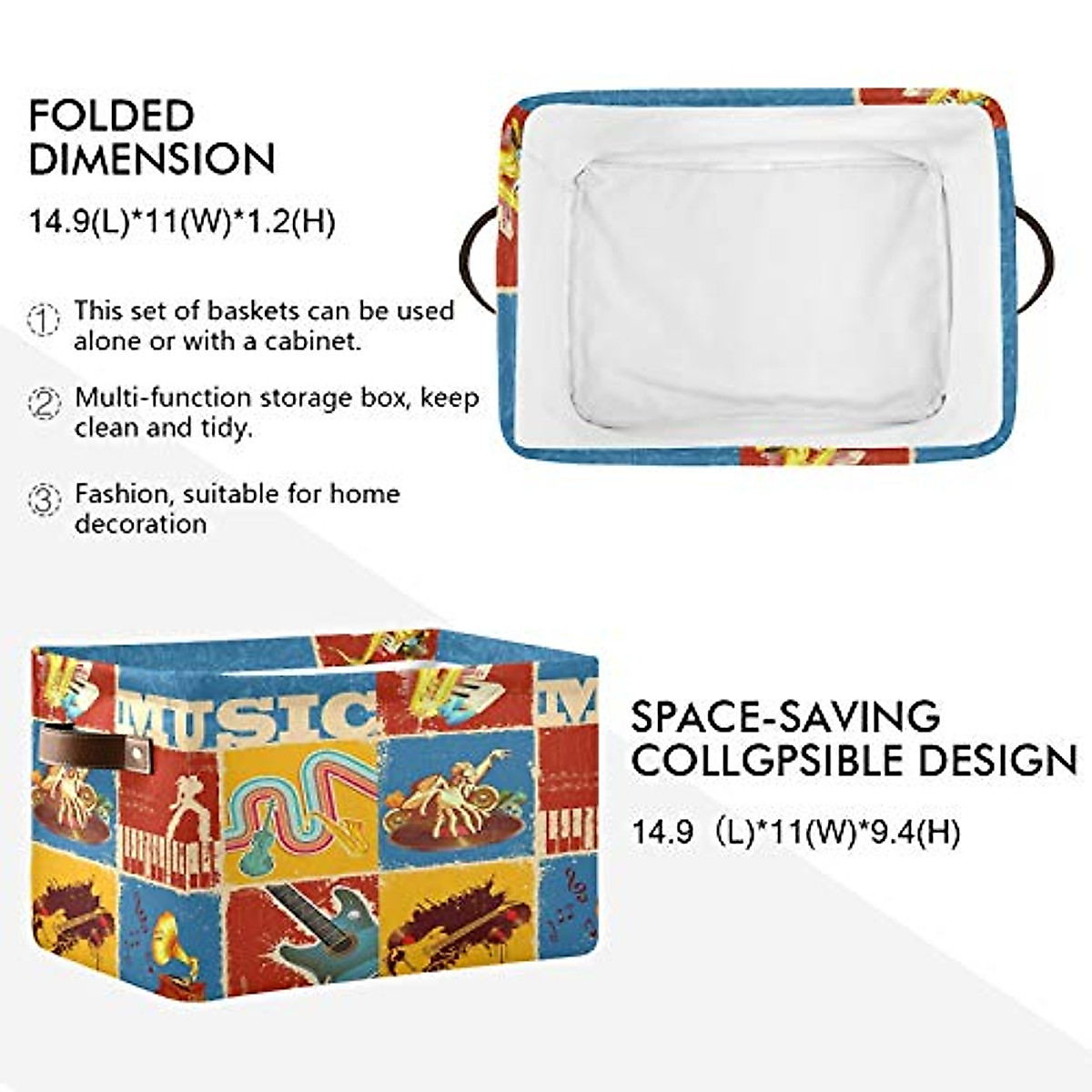 Storage Bins Vintage Music Instrument Storage Basket Collapsible Cube Rectangle with Handle Storage Box for Shelves Home Office Closet 2 Pack