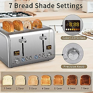 SEEDEEM 4 Slice Toaster, Stainless Bread Toaster Color LCD Display, 7 Bread Shade Settings, 1.5'' Wide Slots Toaster with Bagel/Defrost/Reheat Functions, Removable Crumb Tray, Silver Metallic, 1800W