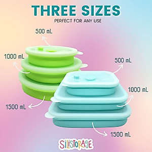 SiliStorage Set of Three Rectangular Collapsible Food Storage Containers with Airtight Flexible Lids - BPA Free, Compact, Oven, Microwave and Freezer Safe (Round Set)