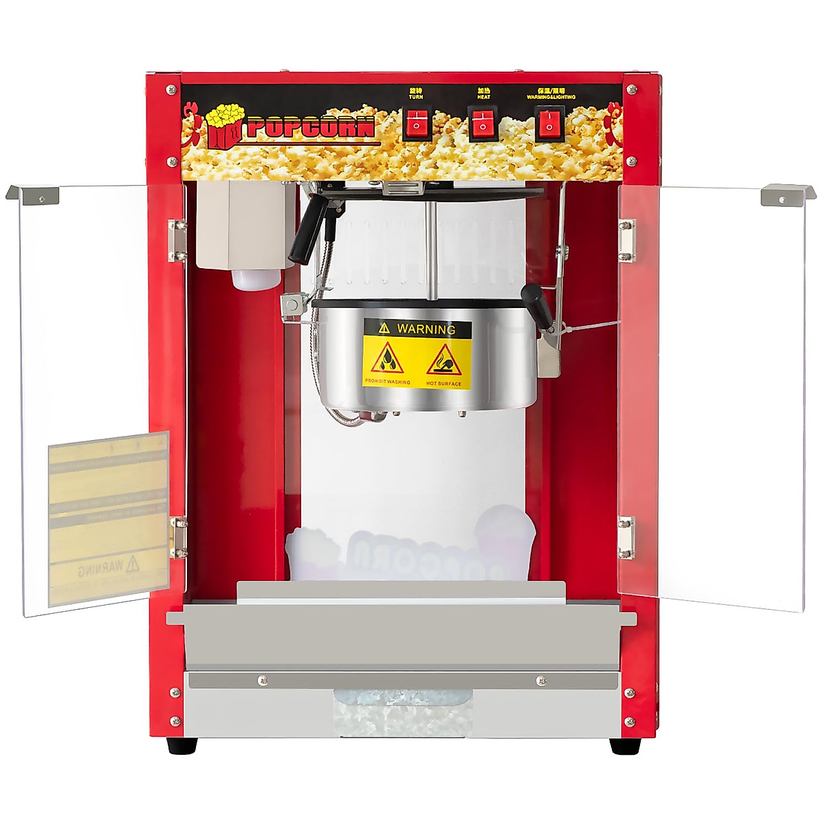 110V US Commercial Popcorn Machine, 8oz Popcorn Maker with Stainless-Steel Kettle,1400 W Countertop Popcorn Maker ，Movie Theater Popper with 3-Switch Control Steel Frame Acrylic Doors, Red