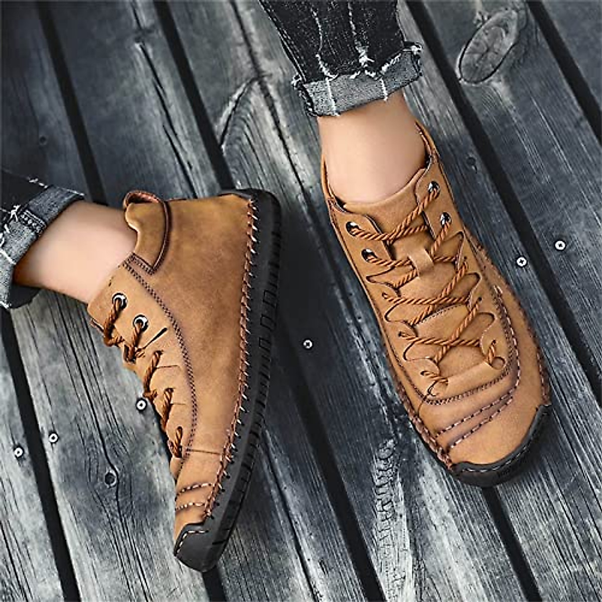 Fashion Summer and Autumn Men Leather Shoes Flat Soft Bottom Comfortable Mid Top Lace Up Casual Boot Leather Men (Brown, 9)