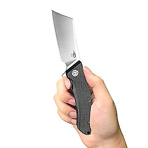 BESTECH KNIVES Cleaver Folding Pocket Knife: 3.15" D2 Steel Stain Stonewashed Cleaver Blade, Micarta Handle, Flipper Liner Lock, for Camping Fishing Hiking Hunting (BG42A Black)
