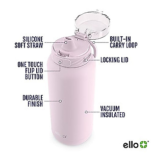 Ello Cooper 22oz Stainless Steel Water Bottle with Straw and Carry Handle, Double Walled and Vacuum Insulated Metal, Leak Proof Locking Lid with Soft Silicone Spout, Reusable, BPA Free, Cashmere Pink