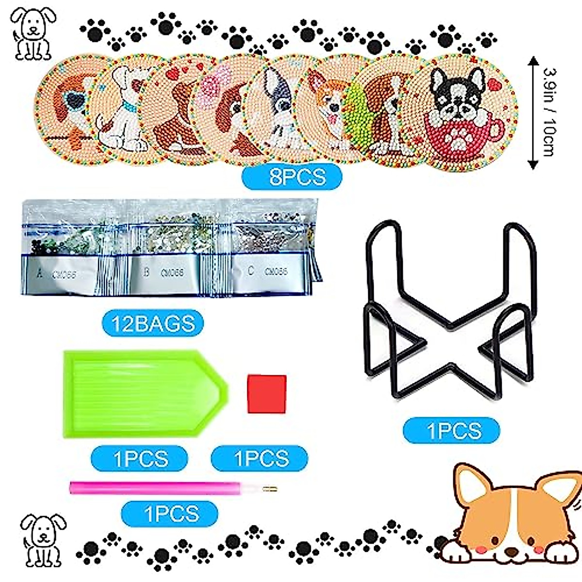 SUUYOO 8 Pcs Diamond Painting Coasters with Holder, Cute Dog Diamond Art Coasters, DIY Craft Kits for Adults, Small Diamond Art Coasters Kit for Kids Beginners