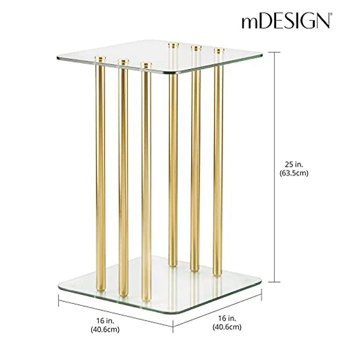 mDesign Square Glass Top Side Table - Modern Decorative Accent End Metal Nightstand Furniture for Bedroom, Living Room, Home Office, Dorm Room - 25" Tall - Milan Collection - Clear/Brass
