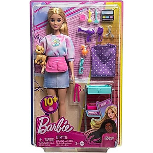 Barbie On-set Stylist Doll & 14 Accessories, Blonde Malibu Fashion Doll with Cart, Smock, Makeup Palette, Puppy & More