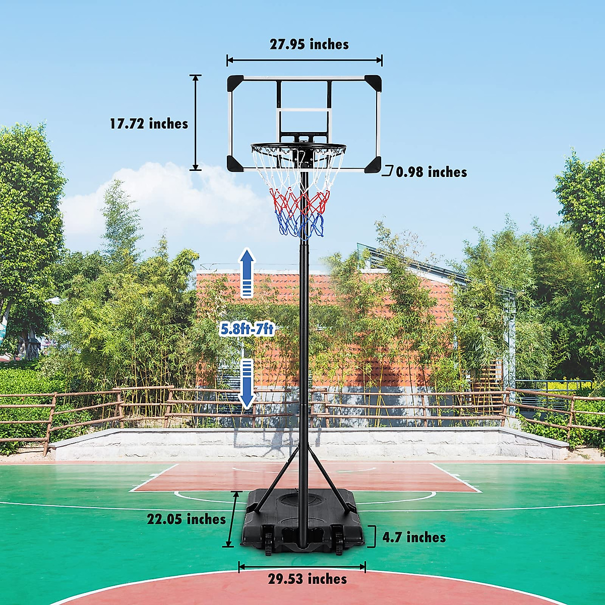 Basketball Hoop 28IN Basketball Goal Basketball Hoop Outdoor with 5.8ft-7ft Height Adjustable Basketball Backboard & Wheels Basketball Equipment for Adults Indoor Outdoor Gym Use