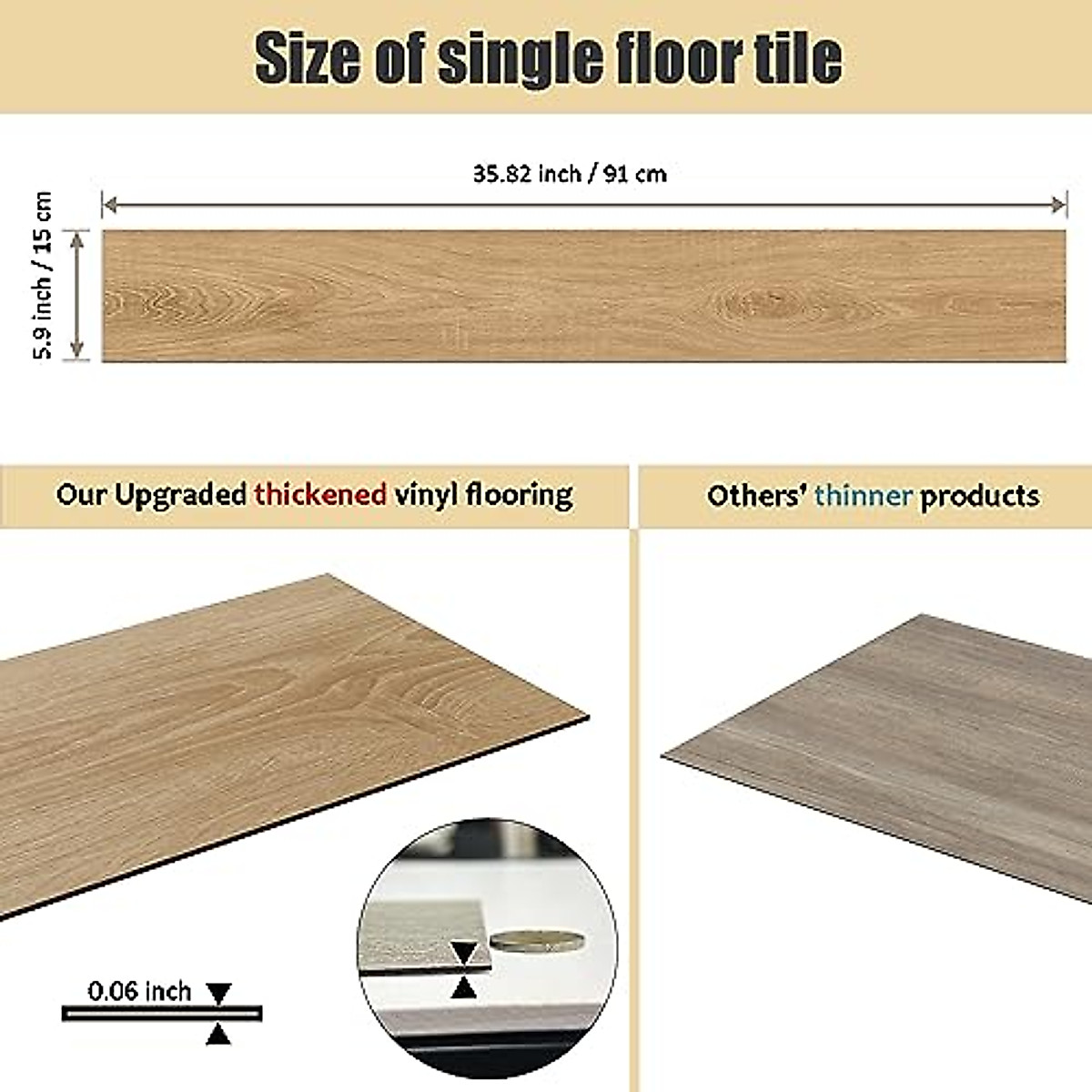 Freshtour Peel and Stick Floor Tile, 72 PCS/108 Sq.Ft Self-Adhesive Wood Vinyl Plank Flooring, Waterproof Wear-Resistant DIY Floor Tiles for Bedroom Kitchen Living Room RV (36" x 6", Light yellow)