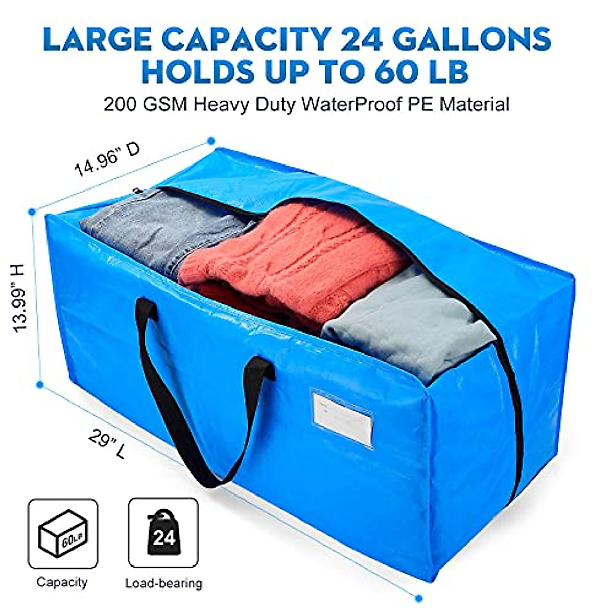 AlexHome Moving Bags Heavy Duty,Extra Large Packing Bags for Moving,Reusable Plastic Moving Totes,Clothes Storage Containers,Moving Supplies Bins,Compatible with Ikea Frakta Cart (Blue,Set of 5)