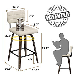 FERFALDER Swivel Bar Stools Set of 2, Counter Height, Wooden Frame, PU Leather Cushions, Beige