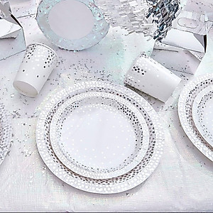 Juvale Serves 50 Silver Party Supplies - 150 Piece Disposable Paper Dinner Plates, Dessert Plates and Cups for Wedding, Birthday Party Table Decorations