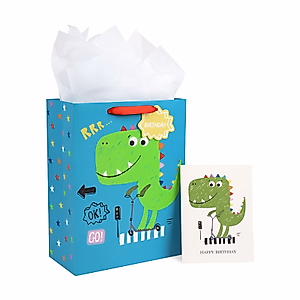 MAYPLUSS 13" Baby Boy Gift Bag Large Gift Bag with Birthday Card and Tissue Paper - Dinosaur Patterns for Boys, Baby Shower, Birthday,Party, and More