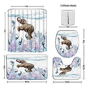 EUBTPA 4 Pcs Funny Elephant Shower Curtain Set with Rugs(Bath Mat,U Shape and Toilet Lid Cover Mat) and Hooks, Teal Coral Underwater Marine Life Animal Bathroom Decor