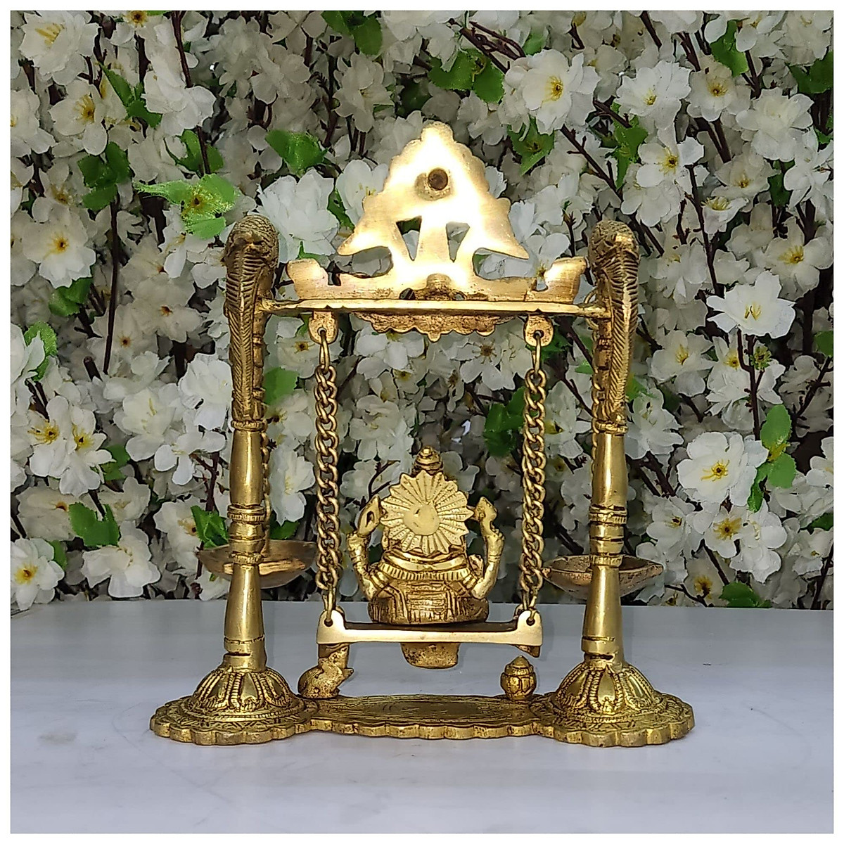 AtoZ India Cart Ganesha Statue on Swing with Diya Brass Ganesha Idol on Jhula Handmade Jhoola Ganesh Murti Showpiece Home Gold 8.75 x 8 x 2.5 inch