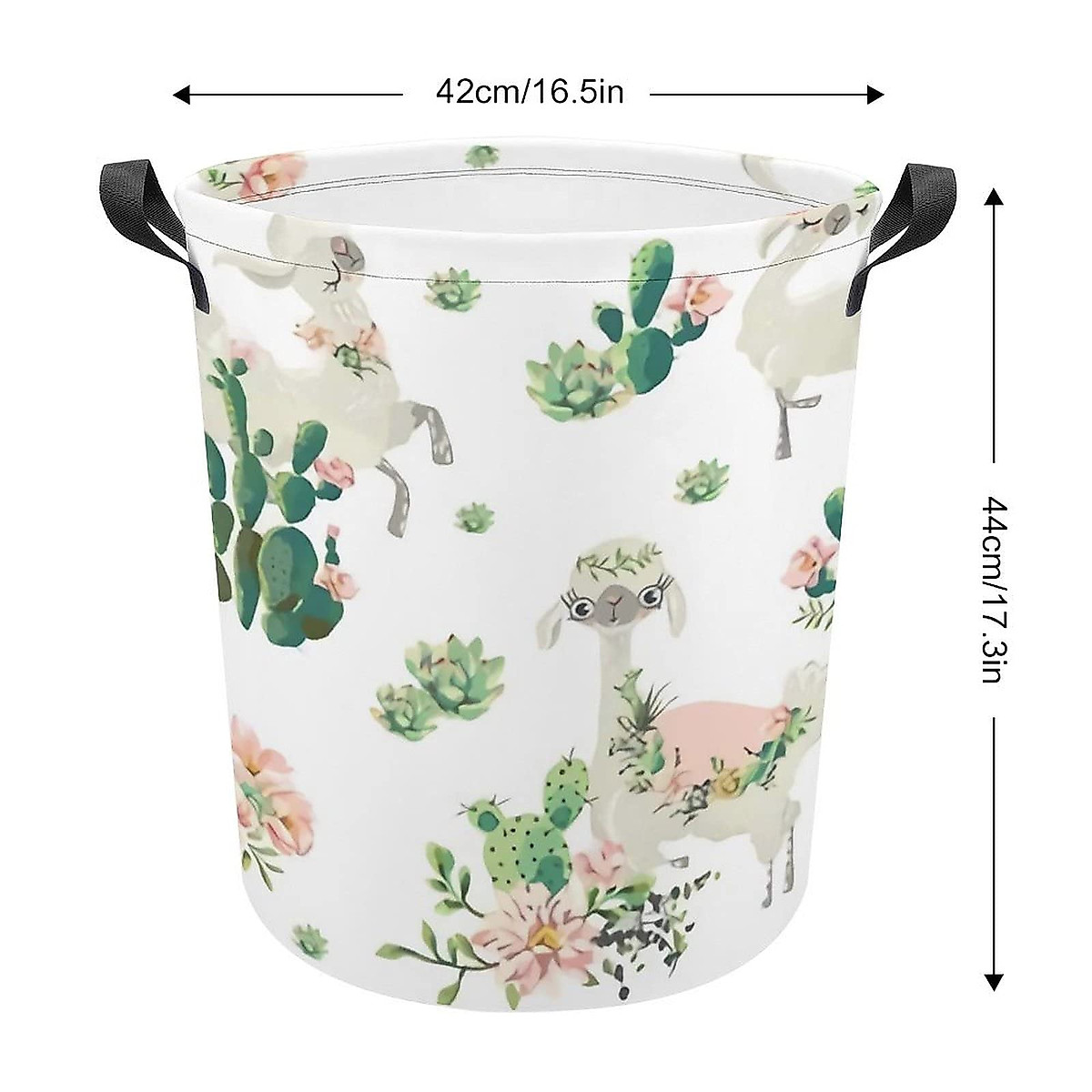Cactus Floral Llama White Storage Basket Bin, Round Laundry Bakset Hamper Collapsible Nursery Bin with Handle for Clothes Toys Books Home Decor