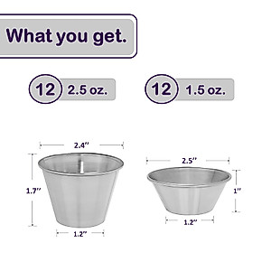(24 Pack, 2 Sizes) Small Sauce Cups, Stainless Steel Ramekin Dipping Sauce Cup, Commercial Grade Individual Round Condiment Cups (12 of - 1.5oz: 12 of - 2.5oz)