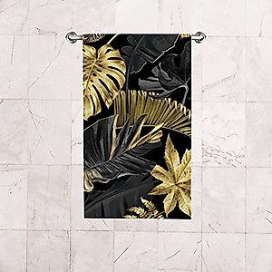 Hand Towels Set for Bathroom,Absorbent Dish Towels for Gym Spa,30"x15"，Gold Black Tropical Leaf(2 PCS)
