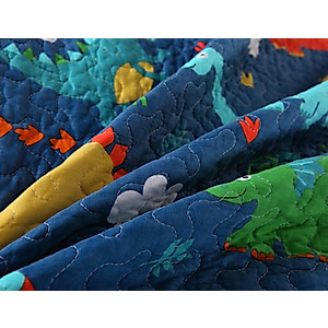 100% Cotton 2 Piece Kids Quilt Bedspread Comforter Set Throw Blanket for Teens Boys Girls Kids Beds Bedding Coverlet Dinosaur (Full)