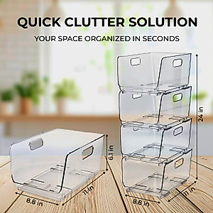 TidyFriend Plastic Stackable Bins for Pantry, 4 Pack Stacking Bins Open Front, Toy Organizers, Kitchen, and Bathroom Essentials (Clear- Hole Handle)